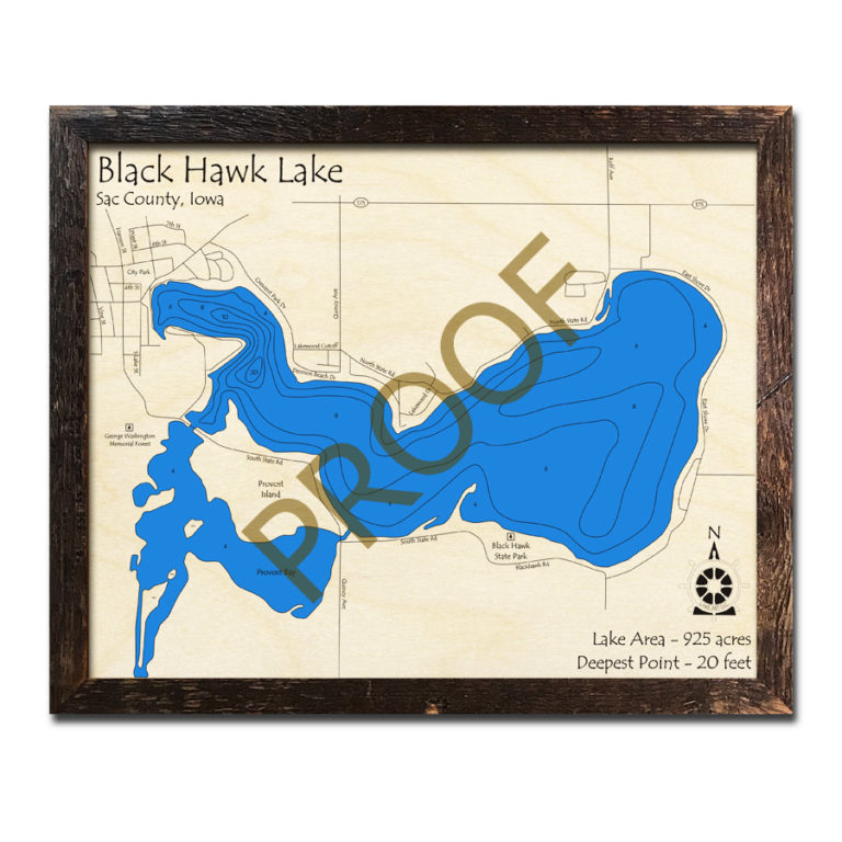 Black Hawk Lake, Iowa 3D Wood Map | Laser-etched Wood Charts
