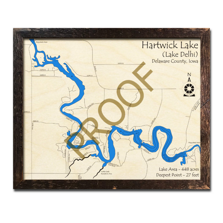 Hartwick Lake (Lake Delhi), Iowa 3D Wood Map | Laser-etched Wood Charts
