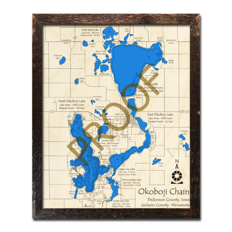 Lake Okoboji Chain of Lakes, Iowa 3D Wood Map | Laser-etched Wood Charts