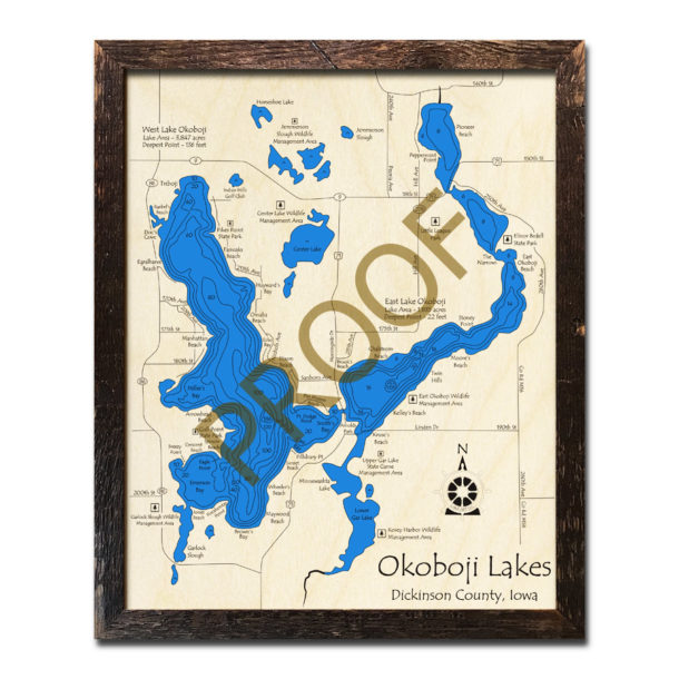 Lake Okoboji, Iowa 3D Wood Map | Laser-etched Wood Charts