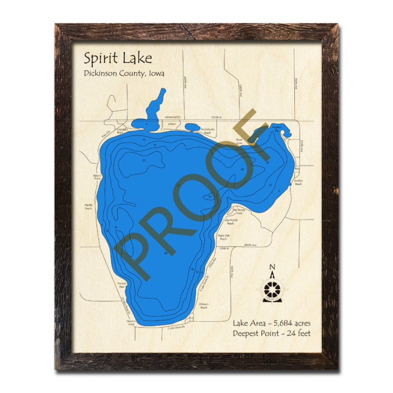 Spirit Lake, Iowa 3D Wood Map | Laser-etched Wood Charts