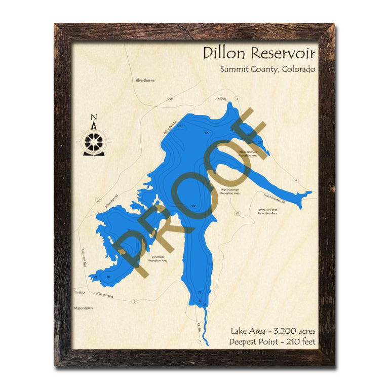 Dillon Reservoir, CO 3D Wood Map | Laser-etched Wood Charts, Nautical Decor