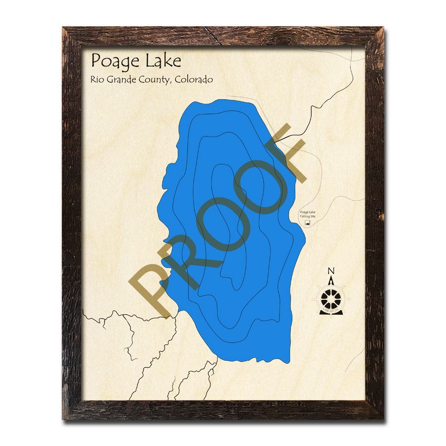 Poage Lake, CO 3D Wood Map | Laser-etched Wood Charts