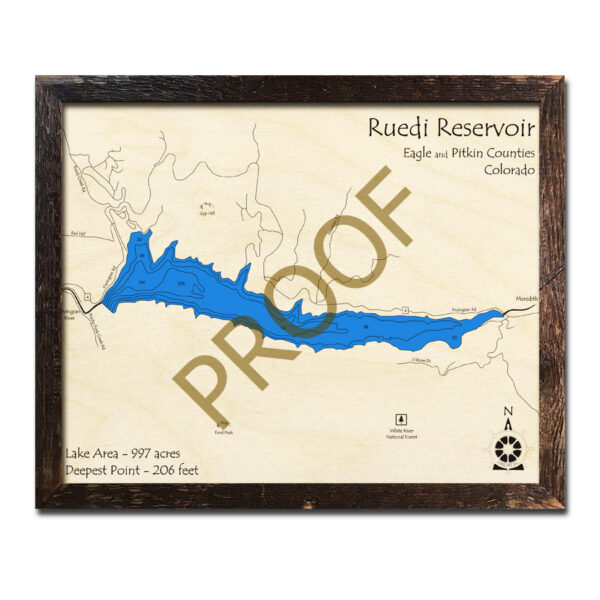 Ruedi Reservoir, CO 3D Wood Map | Laser-etched Wood Charts