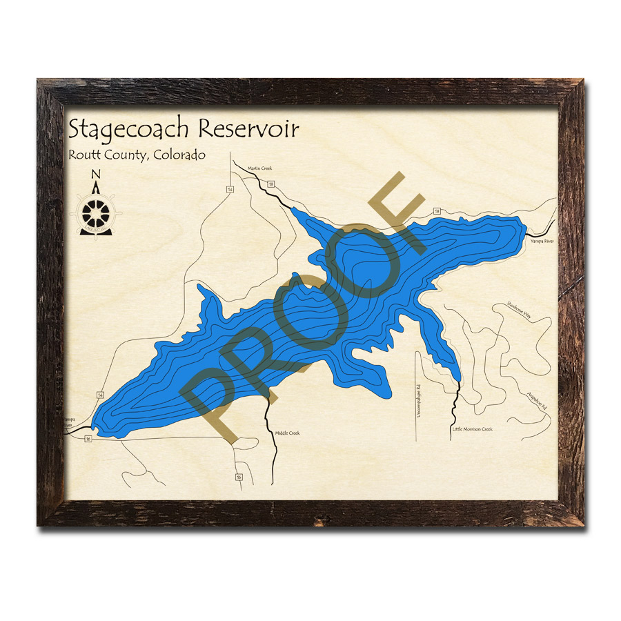 Stagecoach Reservoir, CO 3D Wood Map | Laser-etched Wood Charts