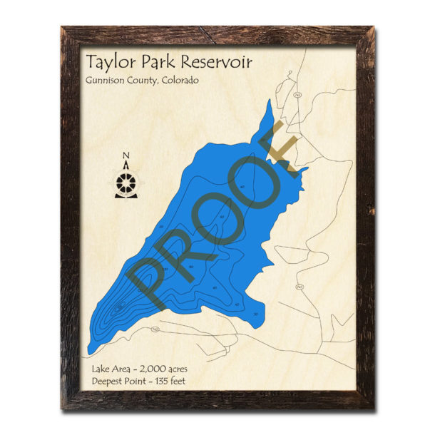 Taylor Park Reservoir, CO 3D Wood Map | Laser-etched Wood Charts
