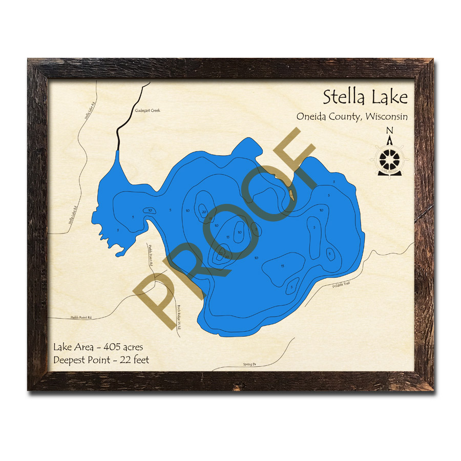 Stella Lake, WI Wood Map | 3D Nautical Wood Charts