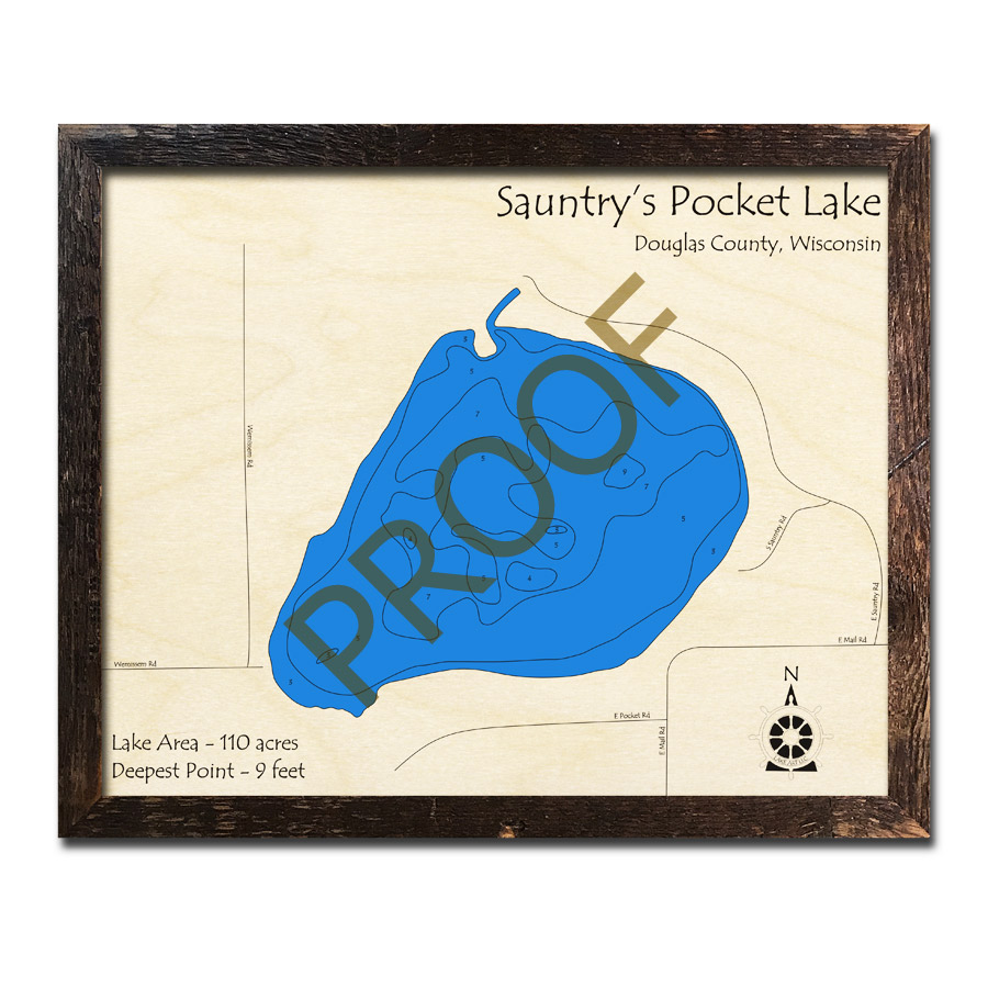Sauntry's Pocket Lake, WI Wood Map | 3D Nautical Wood Charts & Home Decor