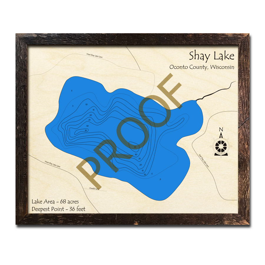 Shay Lake, WI Wood Map | 3D Nautical Wood Charts & Home Decor