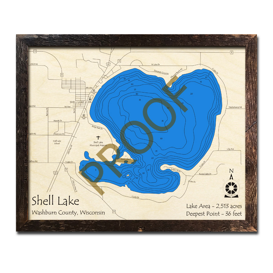 Shell Lake, WI Wood Map | 3D Nautical Wood Charts & Home Decor