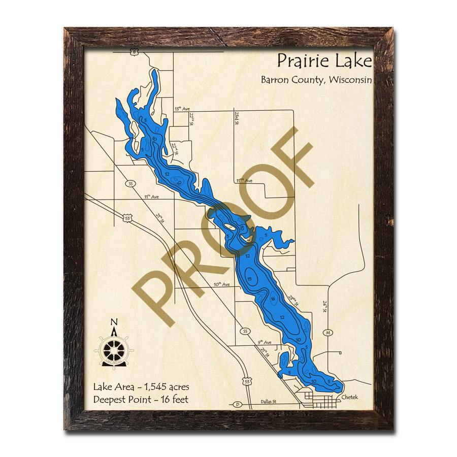 Prairie Lake, WI Wood Map | 3D Nautical Wood Charts & Home Decor