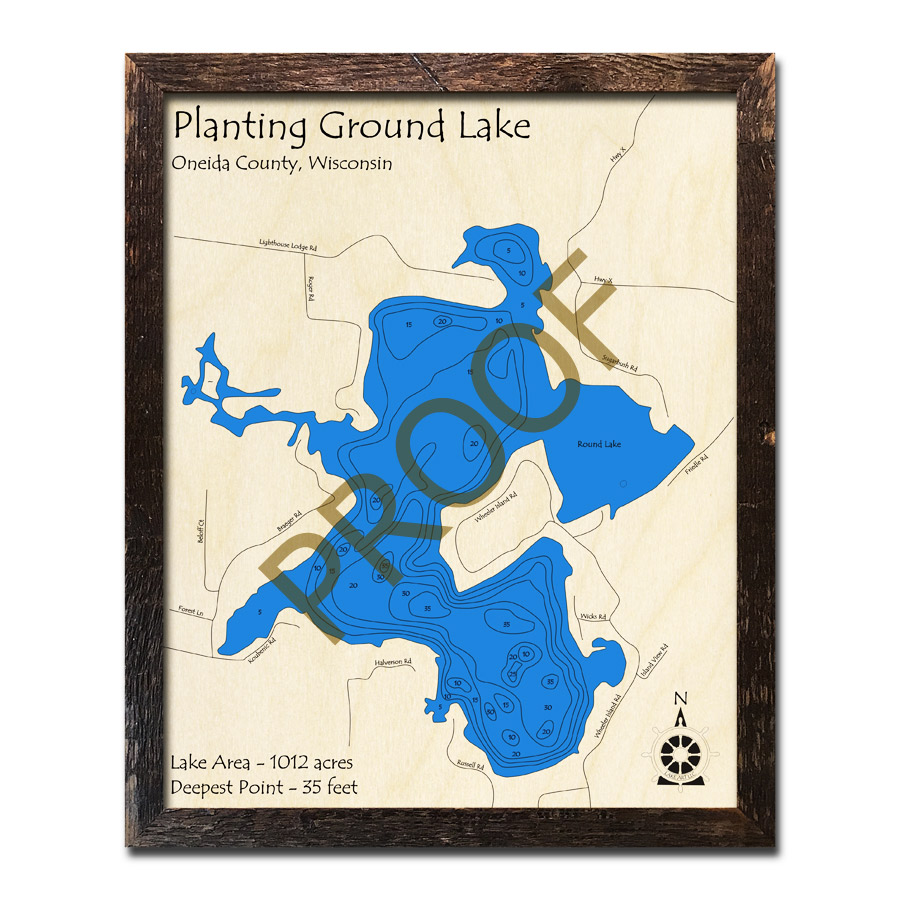 Planting Ground Lake, WI Wood Map | 3D Nautical Wood Charts & Home Decor