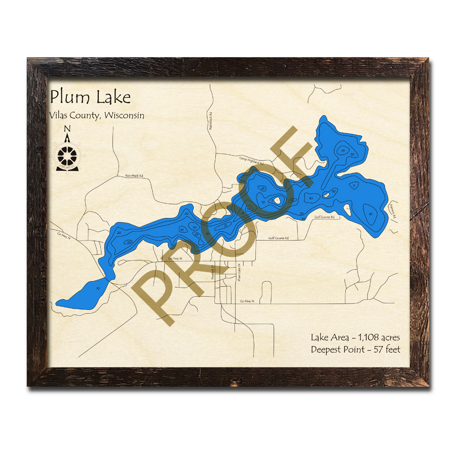 Plum Lake, WI Wood Map | 3D Nautical Wood Charts & Home Decor