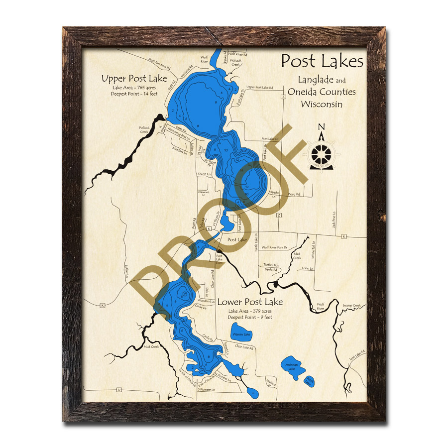 Post Lakes, WI Wood Map | 3D Nautical Wood Charts & Home Decor