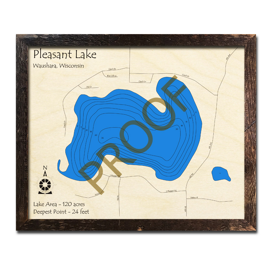Pleasant Lake, WI Wood Map | 3D Nautical Wood Charts & Home Decor