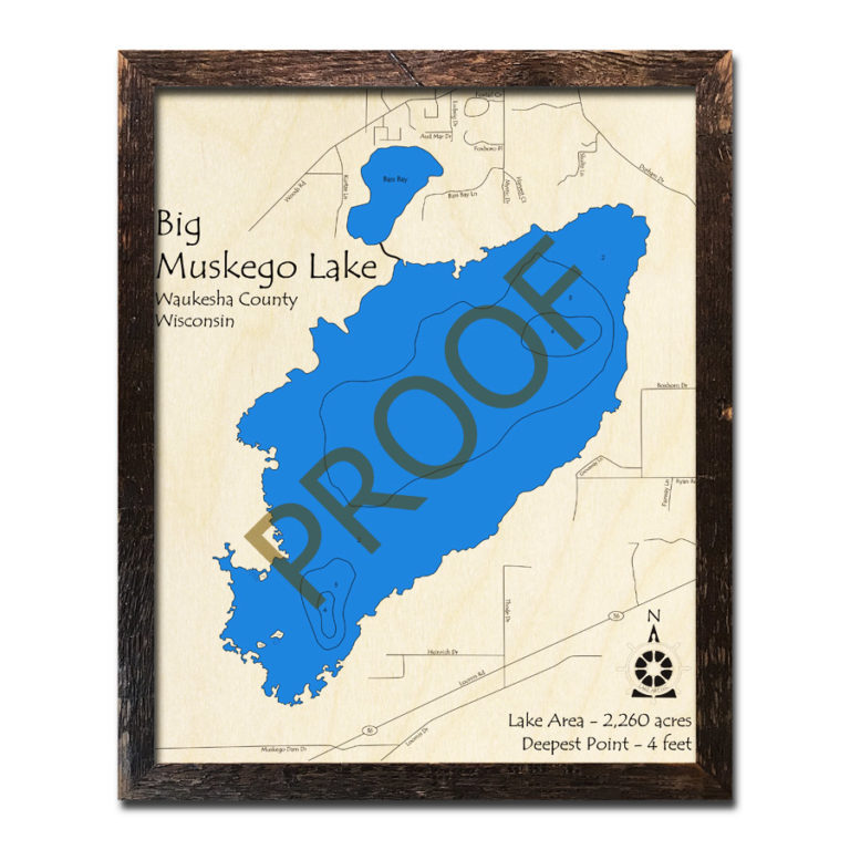 Big Muskego Lake, WI Wood Map | 3D Nautical Wood Charts