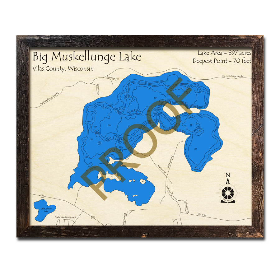 Big Muskellunge Lake, WI Wood Map | 3D Nautical Wood Charts
