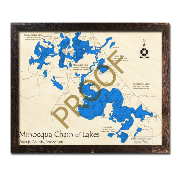 Minocqua Chain of Lakes, WI Wood Map | 3D Nautical Wood Charts