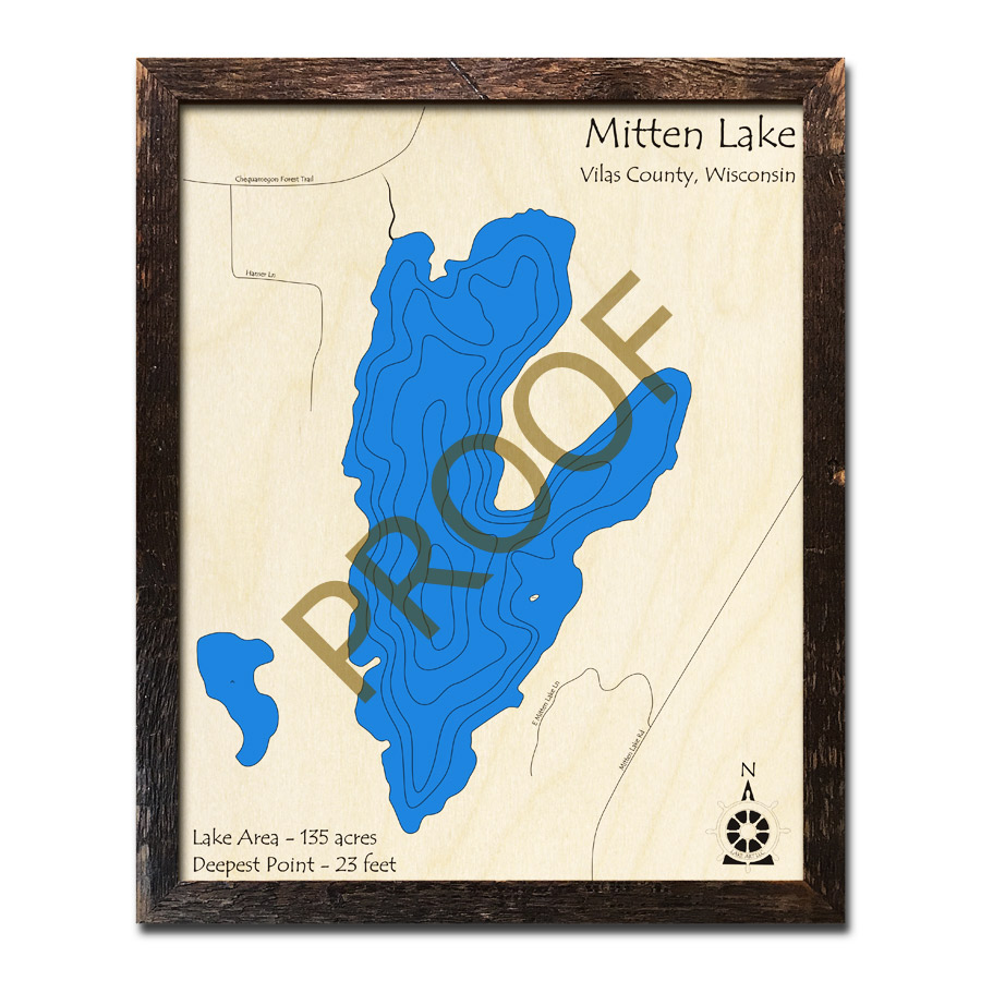 Mitten Lake, WI Wood Map | 3D Nautical Wood Charts