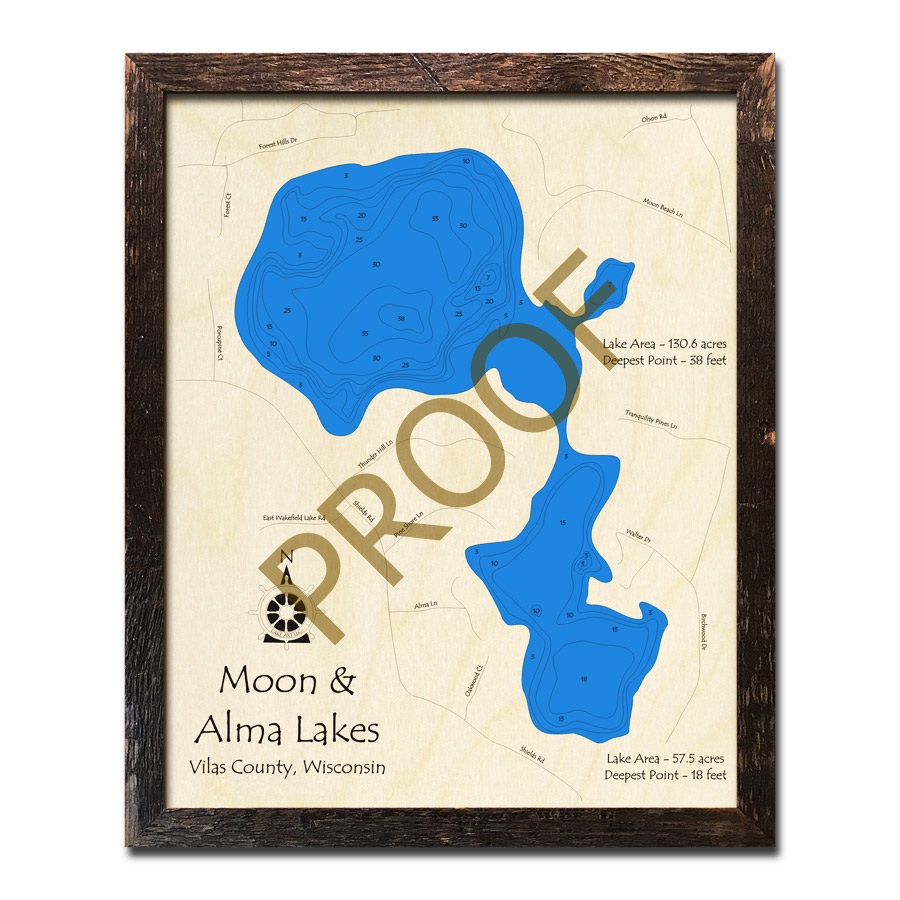 Moon Lake and Alma Lake, WI Wood Map | 3D Nautical Wood Charts