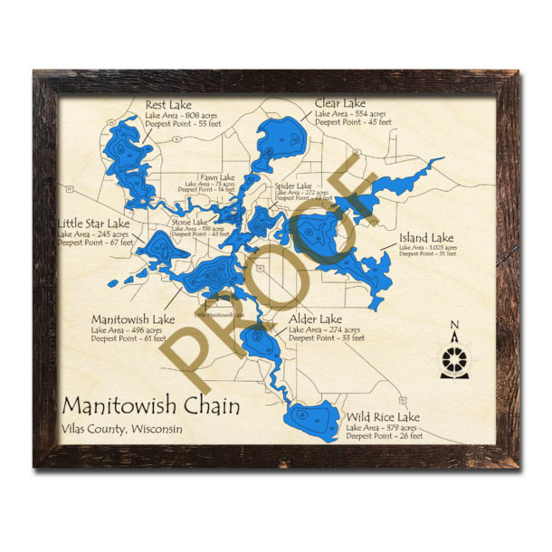 Manitowish Chain of Lakes, WI Wood Map | 3D Nautical Wood Charts