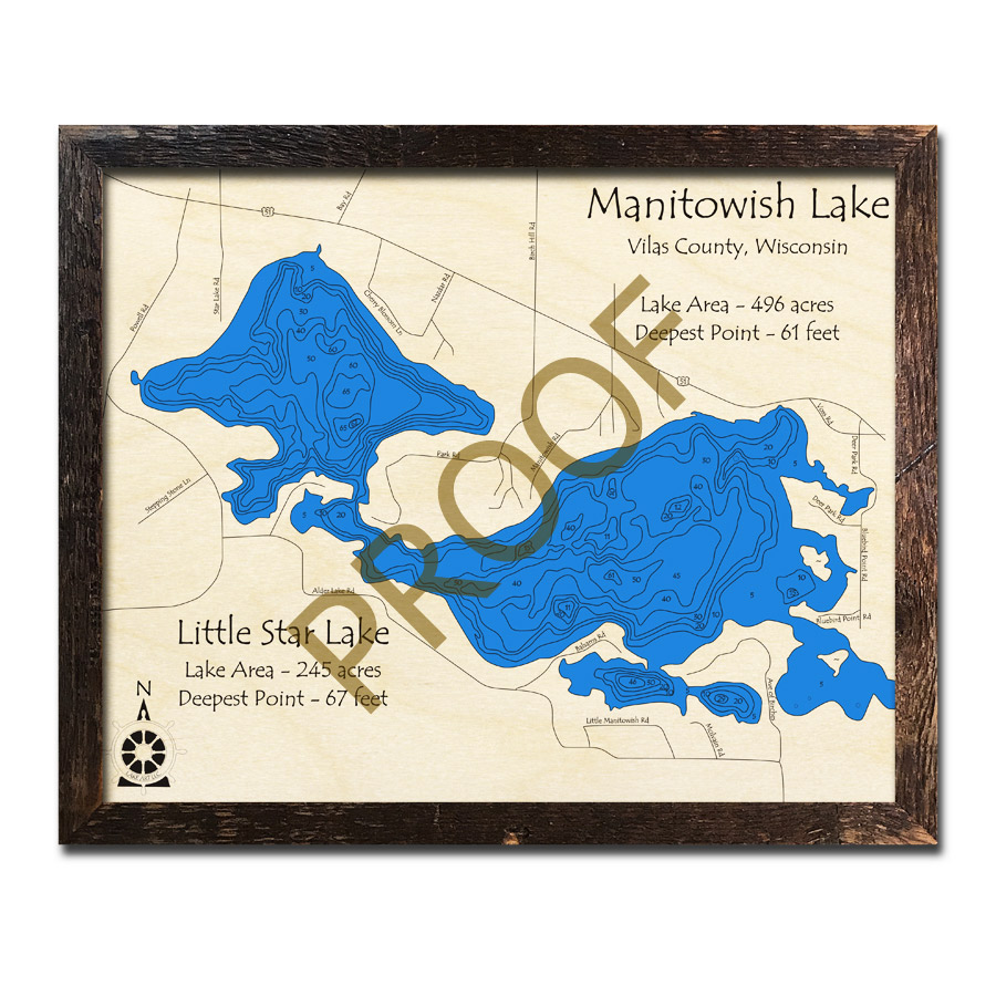 Manitowish Lake, WI Wood Map | 3D Nautical Wood Charts