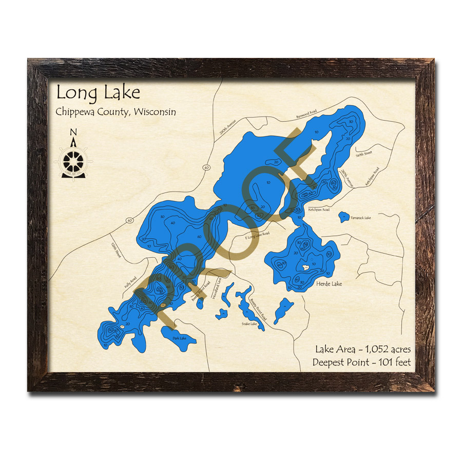 Long Lake, WI Wood Map | 3D Nautical Wood Charts