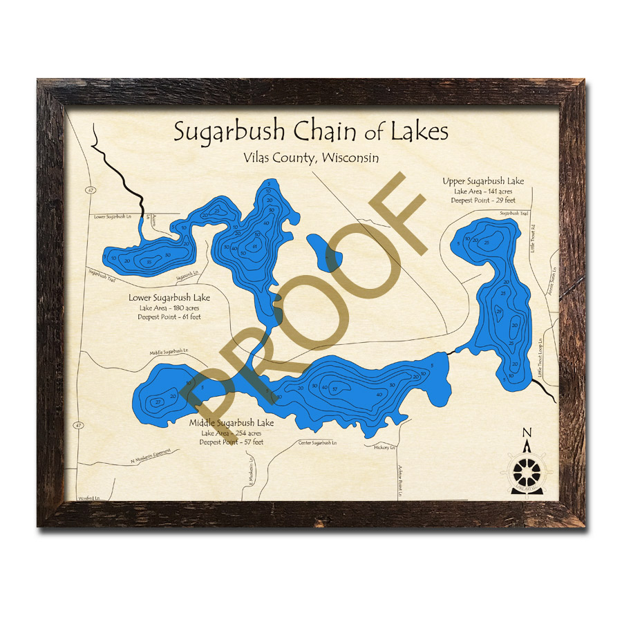 Sugarbush Chain of Lakes, WI Wood Map | 3D Nautical Wood Charts
