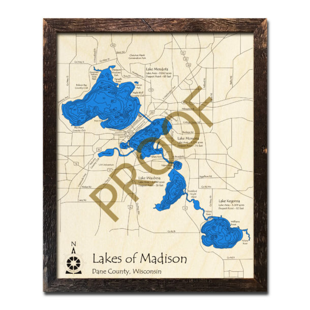 Madison Chain of Lakes, WI Wood Map | 3D Nautical Wood Charts