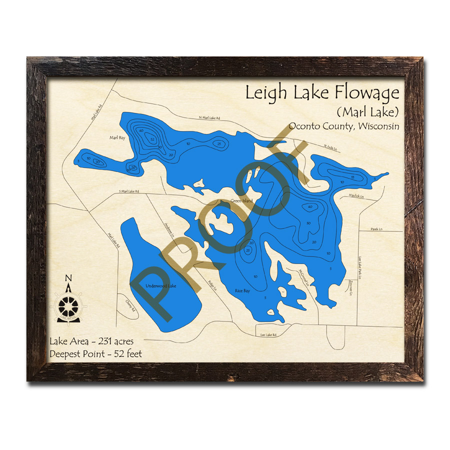 Leigh Lake Flowage, WI Wood Map | 3D Nautical Wood Charts