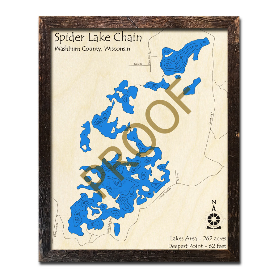 Spider Lake Chain, WI Wood Map | 3D Nautical Wood Charts