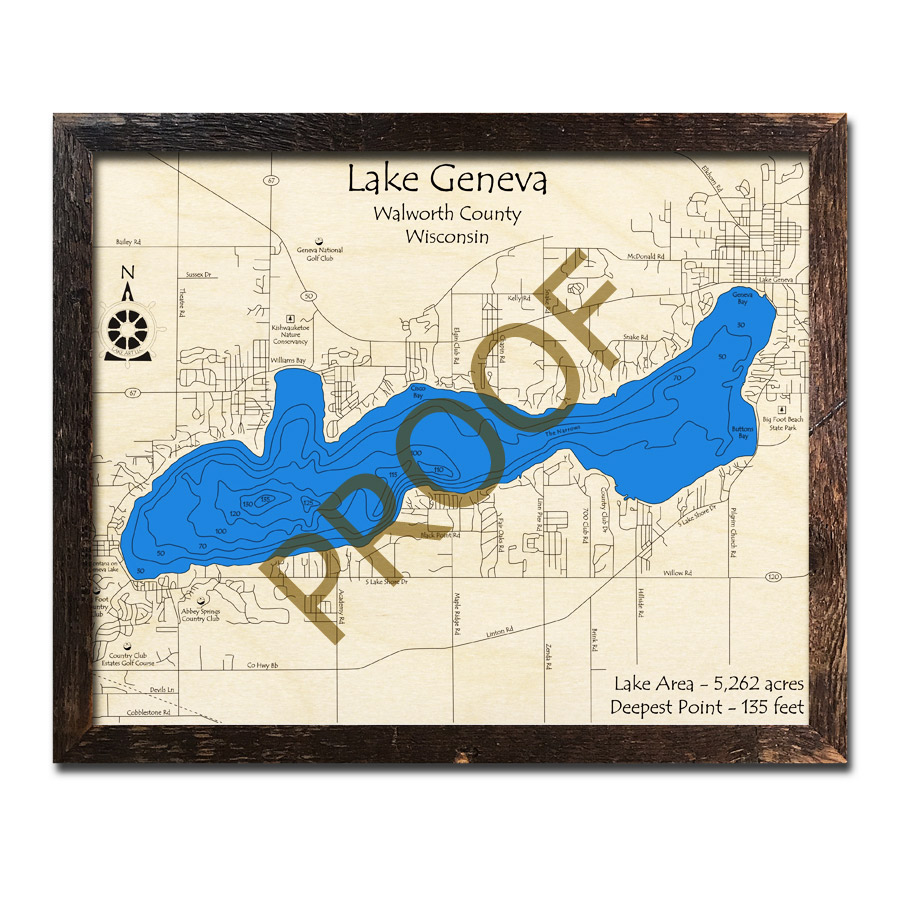 Lake Geneva, WI Wood Map | 3D Nautical Wood Charts