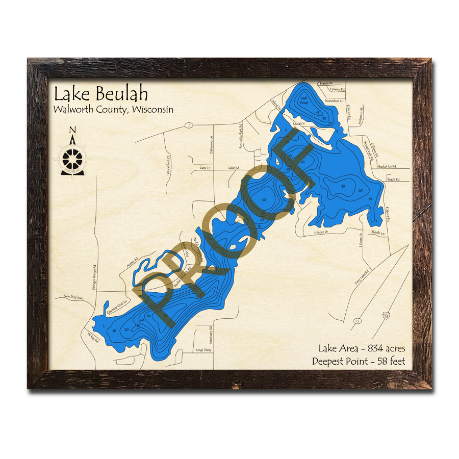 Lake Beulah, WI Wood Map | 3D Nautical Wood Charts