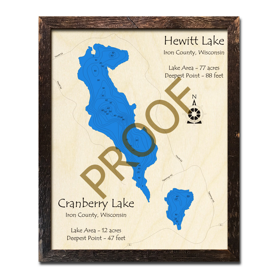 Hewitt Lake and Cranberry Lake, WI Wood Map | 3D Nautical Wood Charts