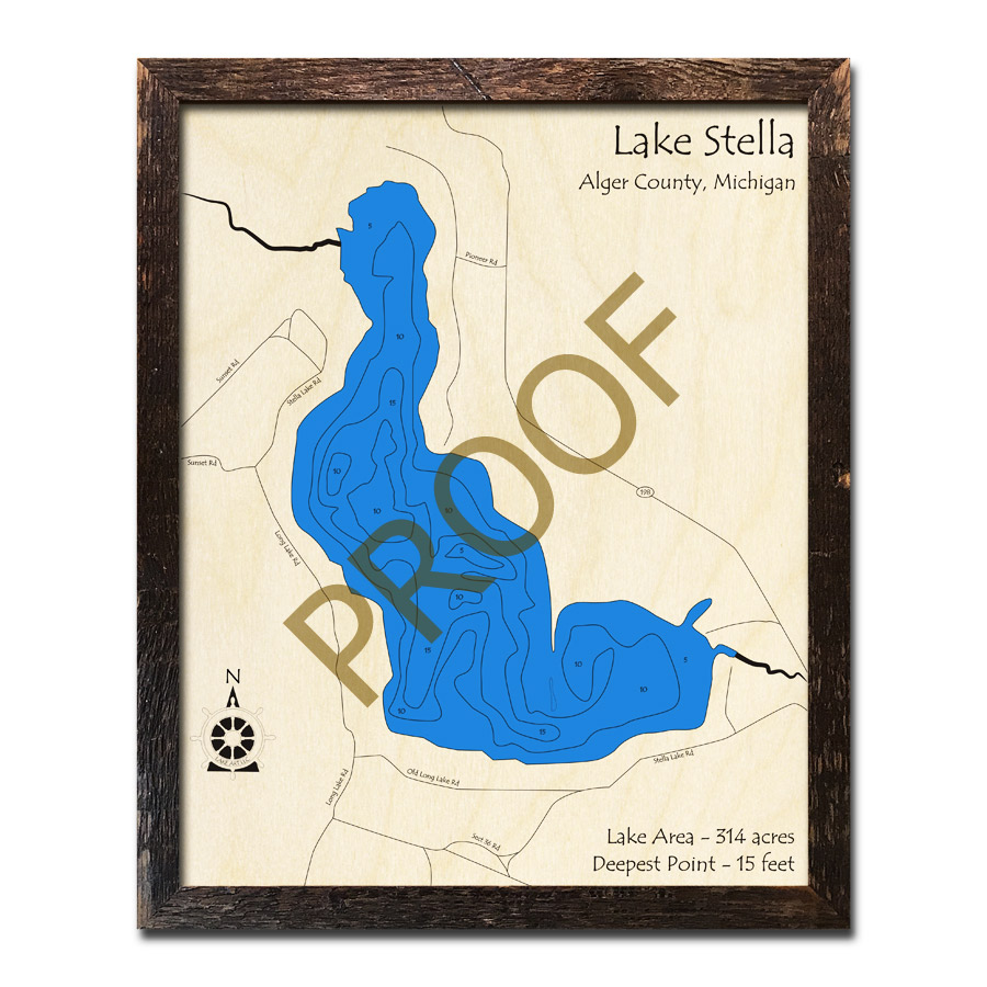 Lake Stella, MI 3D Wood Map | Laser-etched Nautical Decor