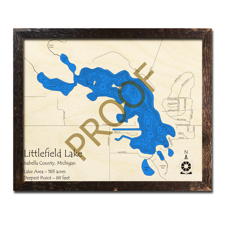 Littlefield Lake, MI 3D Wood Map | Laser-etched Nautical Decor