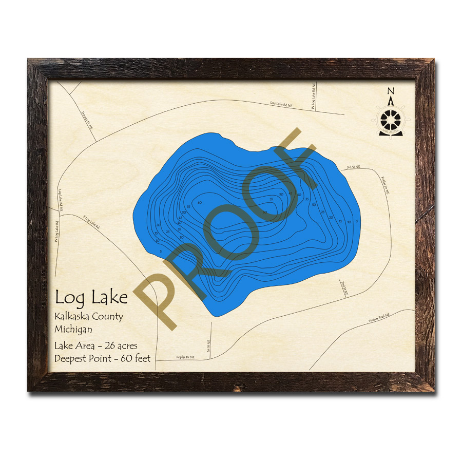 Log Lake, MI 3D Wood Map | Laser-etched Nautical Decor