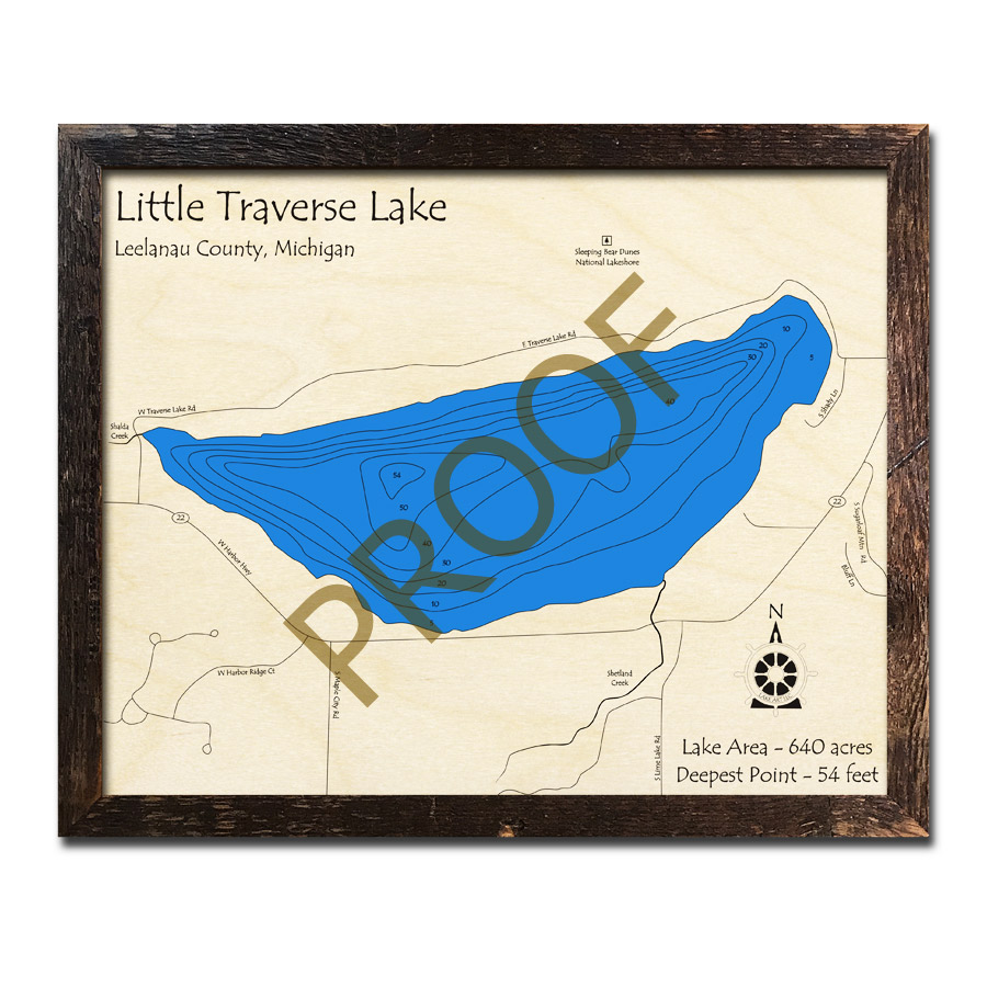 Little Traverse Lake, MI 3D Wood Map | Laser-etched Nautical Decor