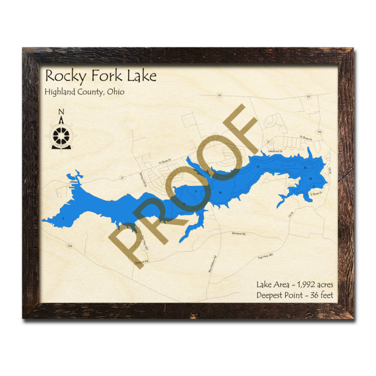 Rocky Fork Lake, OH 3D Wood Map | Laser-etched Nautical Decor
