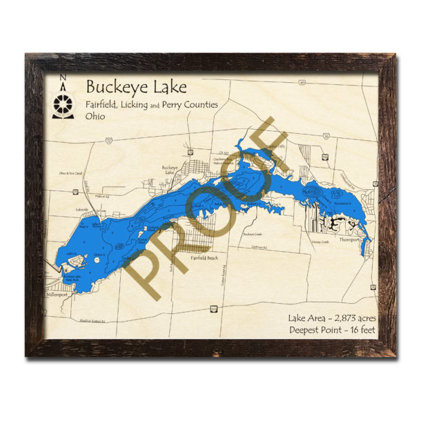 Buckeye Lake, OH 3D Wood Map | Laser-etched Nautical Decor