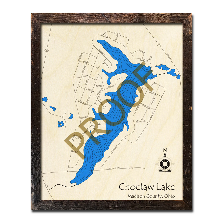 Choctaw Lake, OH 3D Wood Map | Laser-etched Nautical Decor