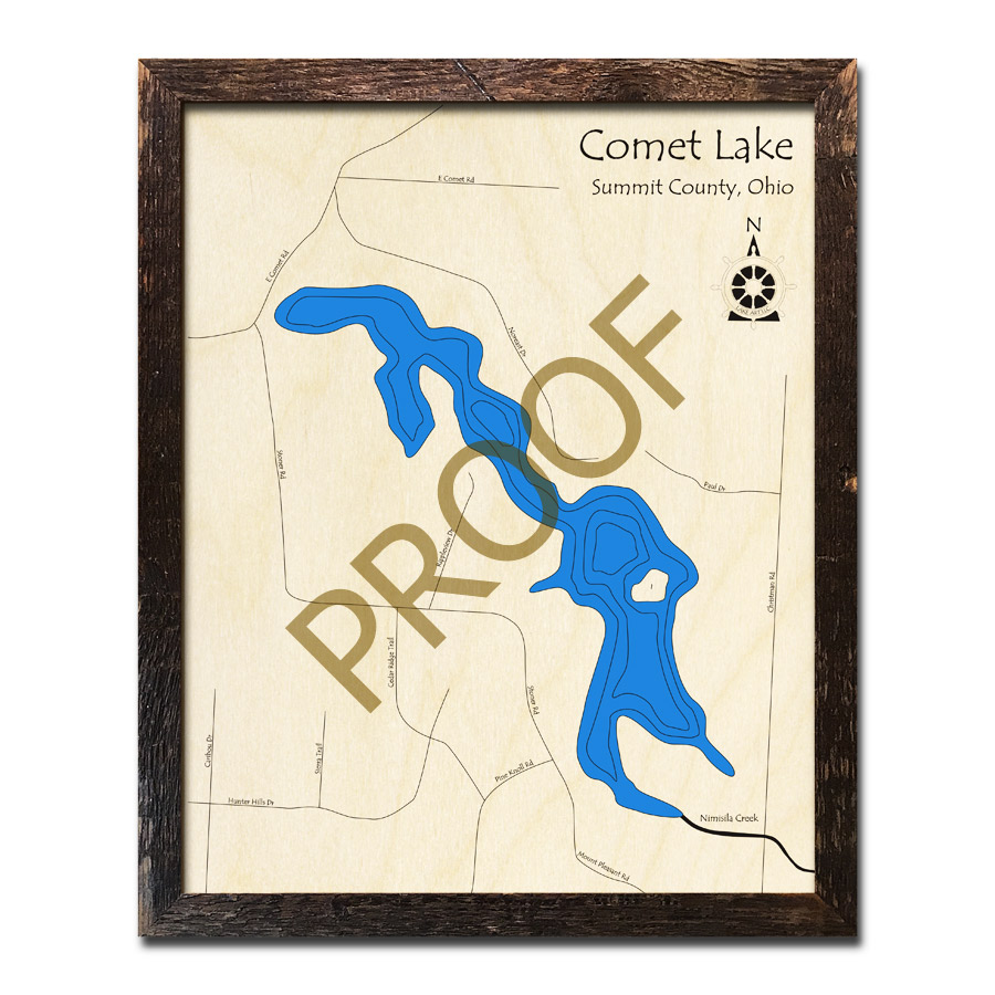Comet Lake, OH 3D Wood Map | Laser-etched Nautical Decor