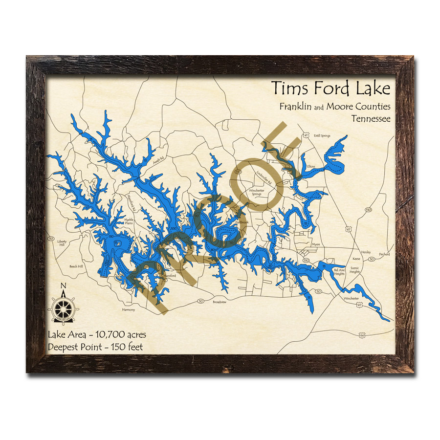 Tims Ford Lake, TN 3D Wood Map | Laser-etched Wood Charts