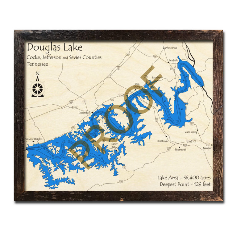 Douglas Lake, TN 3D Wood Map | Laser-etched Wood Charts
