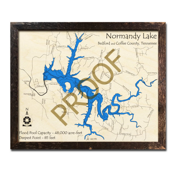 Normandy Lake, TN 3D Wood Map | Laser-etched Wood Charts