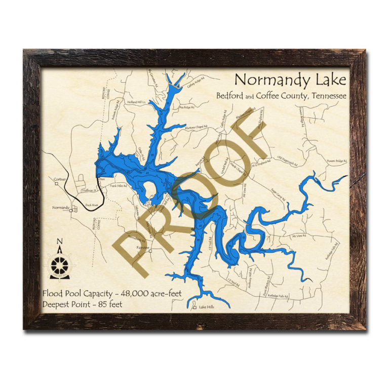 Normandy Lake, TN 3D Wood Map | Laser-etched Wood Charts