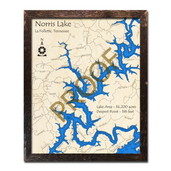 Norris Lake (La Follette), TN 3D Wood Map | Laser-etched Wood Charts
