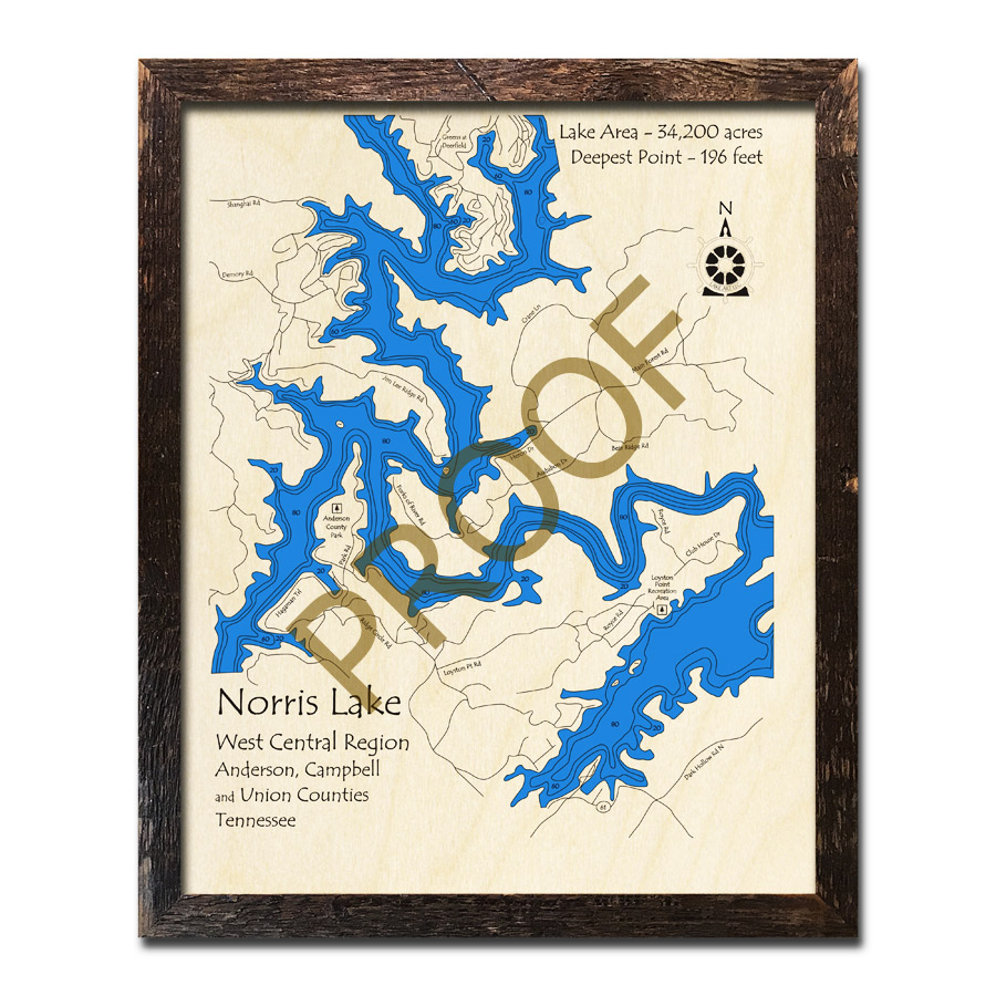 Norris Lake, TN 3D Wood Map | Laser-etched Wood Charts