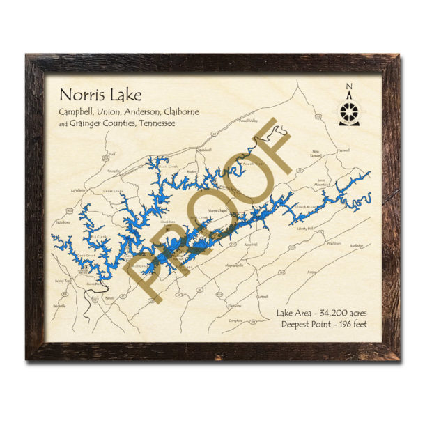 Norris Lake, TN 3D Wood Map | Laser-etched Wood Charts