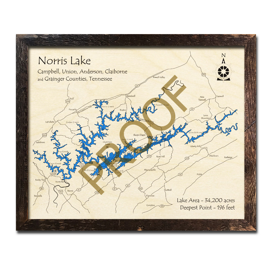 Norris Lake, TN 3D Wood Map | Laser-etched Wood Charts